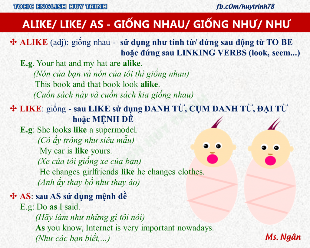 Phân biệt cách dùng The Same/ Similar/ Different/ Like/ Alike