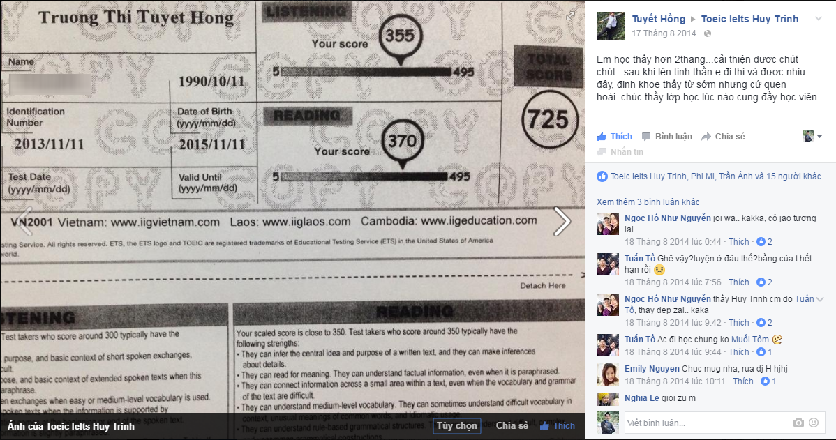 Chúc mừng Tuyết Hồng - TOEIC đạt 725 điểm