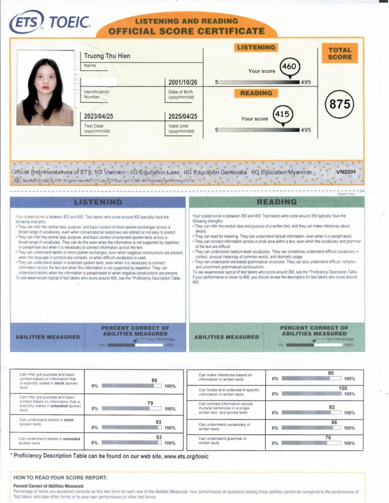 CHỈ 2 THÁNG LUYỆN THI, CÔ BẠN XINH XẮN THU HIỀN ĐẠT NGAY TOEIC 875