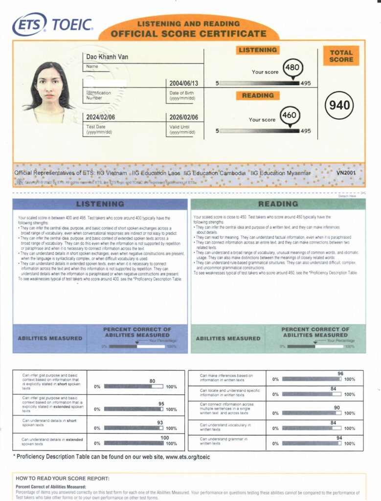 ĐÀO KHÁNH VÂN, ĐẠT TOEIC 940 CHỈ SAU 2 THÁNG HỌC, THI LẦN ĐẦU TIÊN